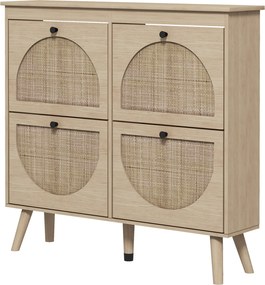 HOMCOM Botník se 4 skládacími zásuvkami pro 20 párů obuvi s nastavitelnou policí, bohémský styl, nohy z masivního dřeva, 105 x 24 x 97,5 cm Přírodní