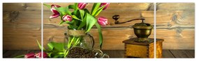 Obraz - tulipány, mlýnek a káva (170x50 cm)