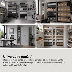 Úzký kovový archivační regál na dokumenty šedý, 250x1950x600 mm: TIM