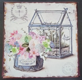 Nástěnná kovová cedule se skleníčkem a květy Jardin - 30*30 cm
