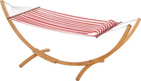 Outsunny Jednolůžková Houpací Síť na Stojanu, Houpací Síť se Dřevěnou Opěrou, Polštář na Hlavu, Bavlněný Lůžko, pro Otevřenou Terasu a Bazén, Červené