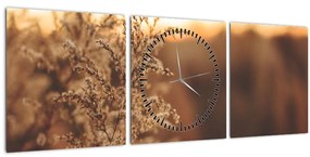 Obraz kvetoucí trávy (s hodinami) (90x30 cm)