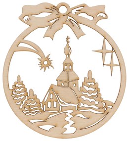 Dřevěná vánoční ozdoba dekorace Vánoční baňka s motivem kostelíka galanteriadrew