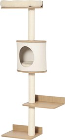 PawHut Nástěnný kočičí strom 38x30x149 cm s vícero dřevěnými platformami, jeskyní, horní postelí, odnímatelným polštářem, sisalovými škrabacími sloupy