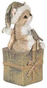 Vánoční dekorativní soška kočky s čepicí na dárku – 5x4x10 cm