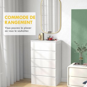 HOMCOM Komoda s 5 šuplíky - Moderní Stylový Úložný Prvek s Hladkým Uzavíracím Mechanismem pro Ložnici, Obývací Pokoj - 60 x 38 x 100 cm, Bílá | Aosom