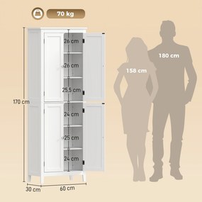 HOMCOM vysoká koupelnová skříňka – sloupec se 4 dvířky a nastavitelnými policemi, 60 × 30 × 170 cm, bílá