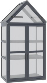 Outsunny Mini Skleník 3 Patra Zahradní Postel s Otevíratelnou Střechou a Dvojitými Dveřmi z Dřeva a Polykarbonátu, Voděodolný, Přírodní, 70,5 x 42 x 1