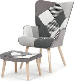 Relaxační křeslo ušák LISA + taburet — masiv, látka, černobílý patchwork