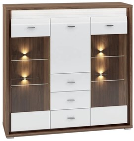 Casarredo - Komfort nábytek Komoda s vitrínou NATANS široká s LED osvětlením, ořech/bílá lesk