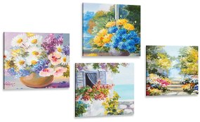 Set obrazů malované květiny ve váze s přírodou