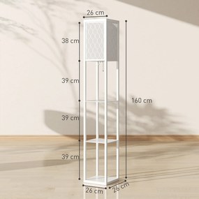 HOMCOM Stojací lampa s policí, 3 přihrádky, kompaktní rozměry, MDF, bílá
