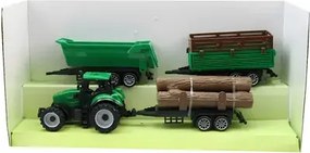 Traktor zelený se 3 přívěsy a kládami dřeva / Traktor / Herní set / Pl