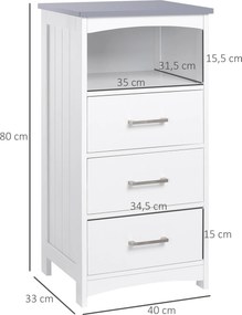 Kleankin Volně stojící koupelnová skříňka se 3 zásuvkami a 1 otevřenou přihrádkou - 40 x 33 x 80 cm - Bílá