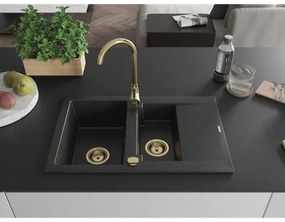 Mexen Gaspar, granitový dřez 737x475x177 mm, 1,5-komorový, černá-stříbrná metalíza se zlatým sifonem, 6507731505-73-G