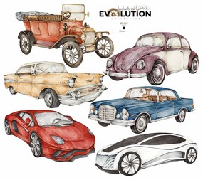 Samolepka do dětského pokoje historie automobilů/průmyslová evoluce 95×85 cm