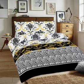 Matex Flanelové povlečení 220x200 F-68A-1 zebra kytice bílá žlutá černá
