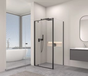 Erga Sydney, sprchový kout s 1-křídlými dveřmi 80(dveře) x 80(stěna) x 195 cm, 6mm čiré sklo, černý profil, ERG-V02-SYDNEY-D080G080-BK