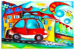 Obraz na plátně, Barevné město Červené auto - 120x80 cm