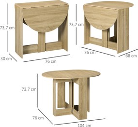 HOMCOM Skládací Jídelní Stůl Kuchyňský Stůl se 2 Sklopnými Křídly Skládací Stůl pro 2-4 Osoby 104x76x73,7 cm Dub