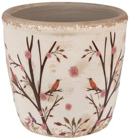 Béžový keramický obal na květináč s keři, šípky a ptáčky Satin – 13x12 cm