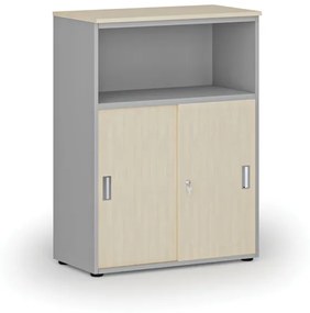 Kombinovaná kancelářská skříň se zásuvnými dveřmi PRIMO GRAY, 1087 x 800 x 420 mm, šedá/bříza