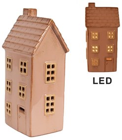 Vánoční dekorace s LED světlem hnědý porcelánový domeček s dvířky a vlnitou střechou – 8x6x17 cm