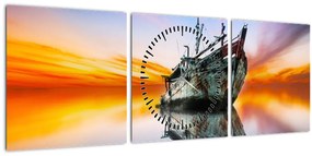 Obraz - Svítání nad vrakem lodi (s hodinami) (90x30 cm)
