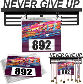 Kovový věšák na medaile a startovní čísla NEVER GIVE UP - černý