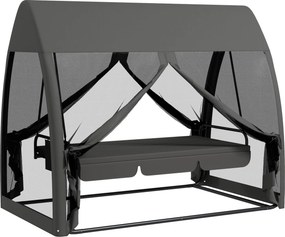 Outsunny 2-v-1 Hollywoodská houpačka s ležící funkcí - 3-místná zahradní houpačka s markýzou a síťkou proti hmyzu, nosnost až 300 kg, lehátko do zahra