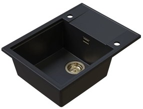 Sink Quality Sink55, kuchyňský granitový dřez 620x460x215 mm + zlatý sifon, černá se zlatými body, SKQ-SINK.L.1KKO.XG
