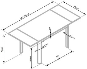 Jídelní rozkládací stůl ALSTON – 120x80x75 (+60), sklo/ocel, bílá