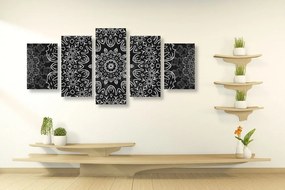 5-dílný obraz Mandala s abstraktním vzorem v černobílém provedení - 200x100 cm