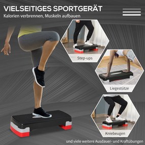 HOMCOM Stepping Board Aerobic Fitness s nastavitelnou výškou (10/20 cm), cvičební kolo Stepper, černá+šedá+červená, 68x28x15cm| Aosom