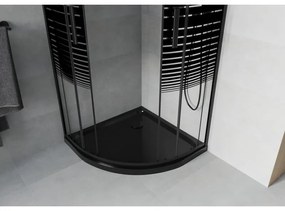 Mexen Rio, čtvrtkruhový sprchový kout s posuvnými dveřmi 90 (dveře) x 90 (dveře) x 190 cm, 5mm čiré sklo s pásky, černý profil + černá sprchová vanička Slim, 863-090-090-70-20-4170B