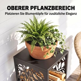 Outsunny Dřevník 38 x 112 cm, zvýšený dřevník s 4 háčky, dekorativní výřezy, nosnost až 100 kg, ocel