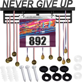 Kovový věšák na medaile a startovní čísla NEVER GIVE UP - černý