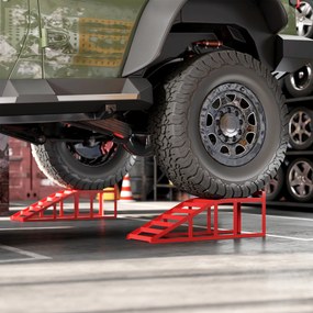HOMCOM Sada 2 ramp pro přístup k automobilům, ocelová zvedací ramp, protiskluzová, pro údržbu a opravy vozidla, pro garáže, domy, dílny, červená