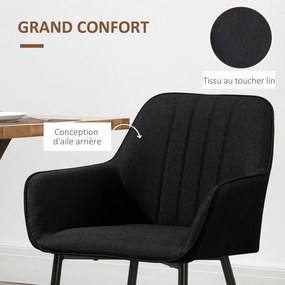 Jídelní židle HOMCOM v severském designu - Sada 2 židlí - Černé zkosené kovové nohy - Ergonomické lněné černé sedáky, opěradla a područky