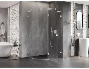 Mexen Lunar, L pravý výklopný pětiúhelníkový sprchový kout 90 x 80 cm, 8mm čiré sklo, bílý profil, 831L-090P-080L-20-00-P