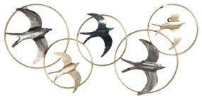 Kovová nástěnná dekorace s ptáky ve zlatých kruzích - 84*3*42 cm