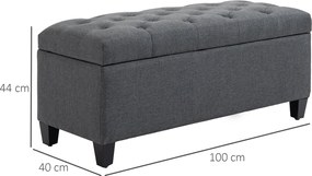 HOMCOM Lavice čalouněná s úložným prostorem 100 x 40 x 44 cm, truhlicová lavice z polyesteru připomínajícího len a kaučukového dřeva v tmavě šedé bar…