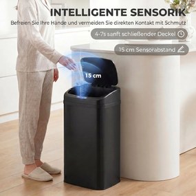 HOMCOM 48l senzorem řízený odpadkový koš pro kuchyň nebo kancelář, automatická uzavírací funkce, nerezová ocel, černý