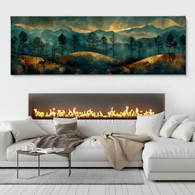 Obraz na plátně - Tmavé stromy ve zlatavých kopcích FeelHappy.cz Velikost obrazu: 150 x 50 cm