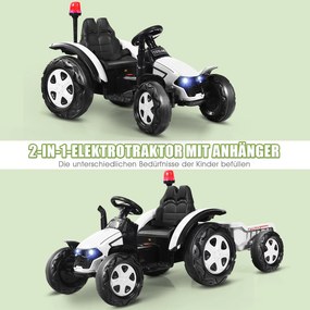 Costway Traktor na hraní s přívěsem pro děti 12 V pojízdný traktor, bílý