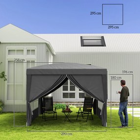 Zahradní přístřešek Outsunny Pop-Up Skládací Recepční Stan 3 x 3m se 4 Odnímatelnými Bočními Stěnami + Šedý Přenosný Obal