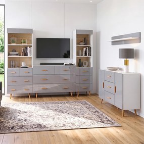 Obývací stěna s komodou BRILLO | 260 cm + 140 cm | bílá/šedá lesk/dub artisan