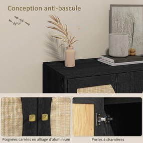 HOMCOM Buffet Skříňka s Dvojitými Dveřmi v Boho Stylu, 2 Úrovně, Ratanový Přední Panel 80 x 38 x 79 cm Černá
