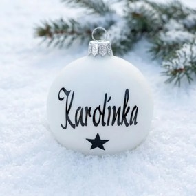 Skleněná vánoční baňka se jménem - bílá/černá 7 cm