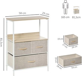 HOMCOM Úložná Skříň s 3 Textilními Zásuvkami, Policí a Horní Deskou, Malá Boční Skříň - 58D x 29Š x 81,5V cm - Přírodní a Bílý Kov